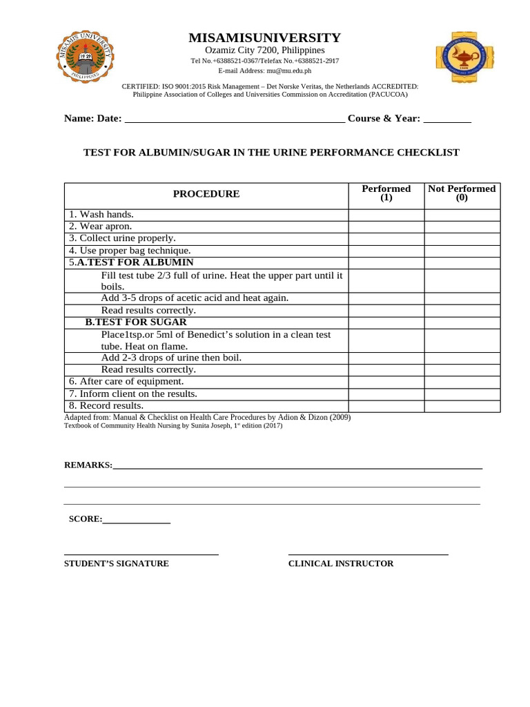 Test For Albumin Sugar in The Urine Performance Checklist | PDF