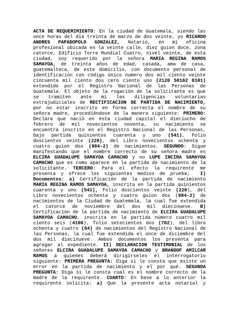 ACTA DE REQUERIMIENTO DE PARTIDA DE NACIMIENTO | PDF