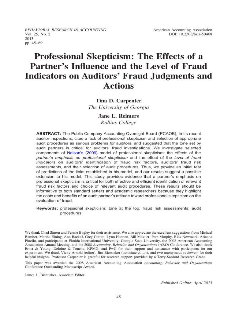 Carpenter, T. D. Dan J. L. Reimers. 2013. Professional Skepticism The ...