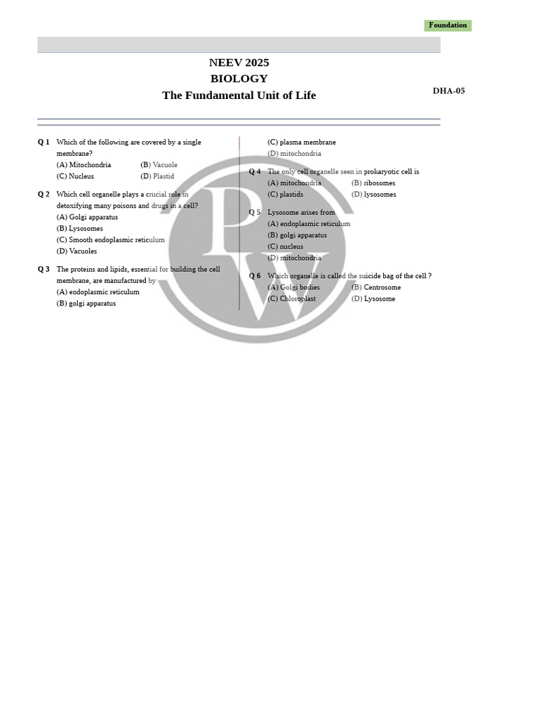 The Fundamental Unit of Life - DHA 05 (Of Lecture 06) - Neev 2025 | PDF