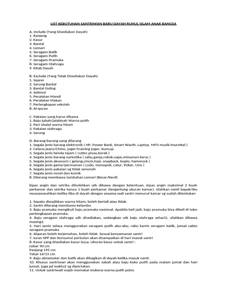 List Kebutuhan Santriwan Baru Dayah Ruhul Islam Anak Bangsa | PDF