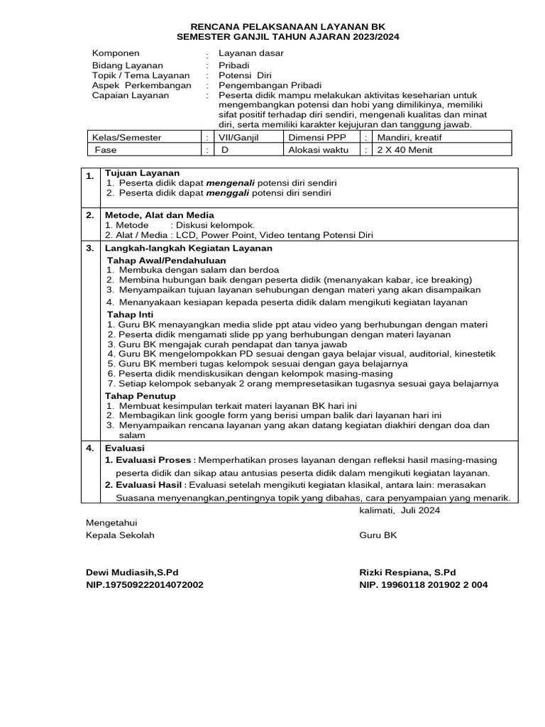 Rencana Layanan BK: Potensi Diri Siswa | PDF | Karier & Perkembangan