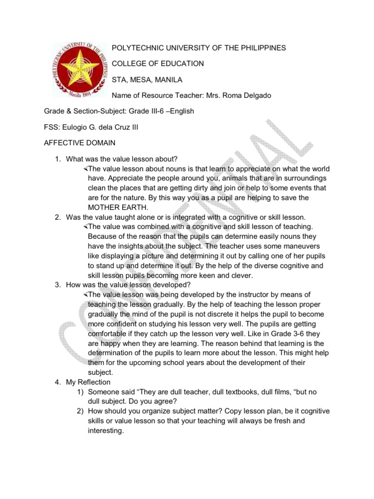 Affective Domain | PDF | Lesson Plan | Teachers