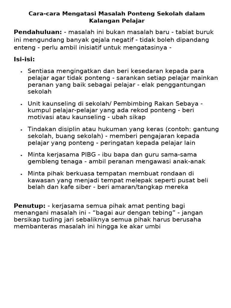 Karangan - Cara-Cara Mengatasi Masalah Ponteng Sekolah Dalam Kalangan ...