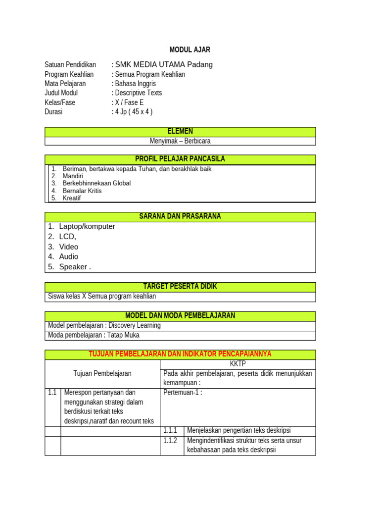 Modul Ajar Descriptive Text | PDF