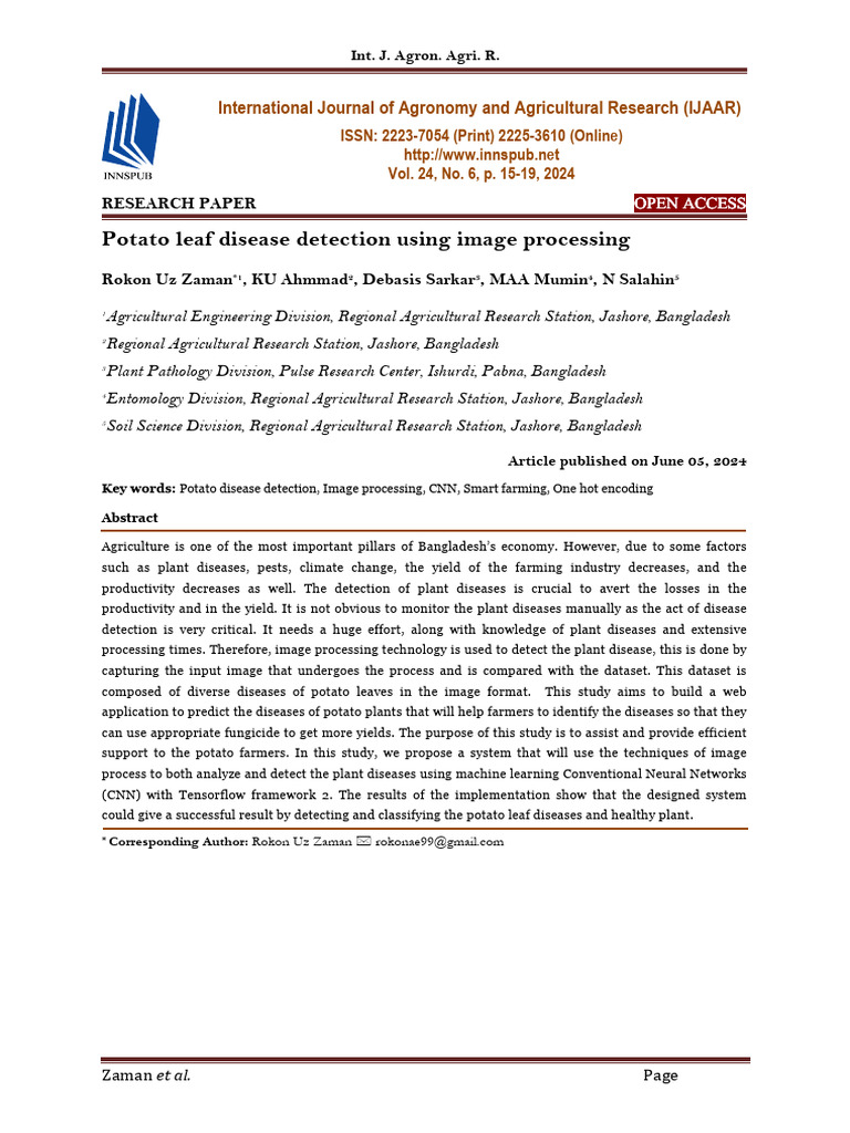 Potato Leaf Disease Detection Using Image Processing Pdf Artificial Neural Network