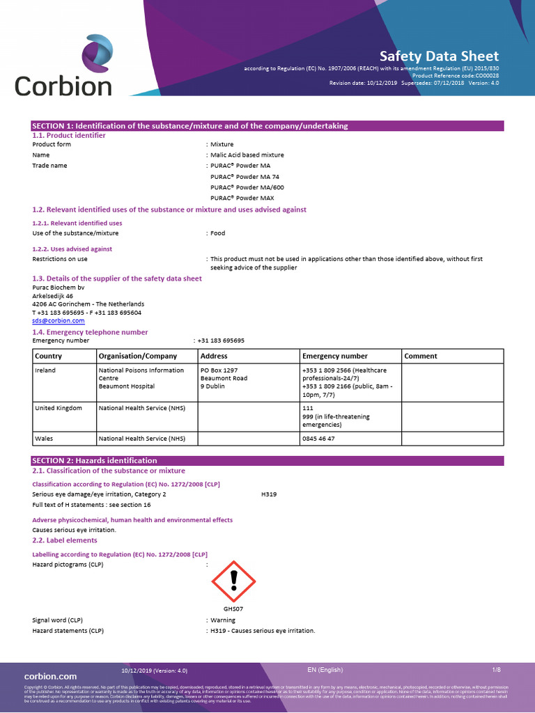 MSDS-PURAC Powder MA + MAX 2019 v4 | PDF | Dangerous Goods | Firefighting