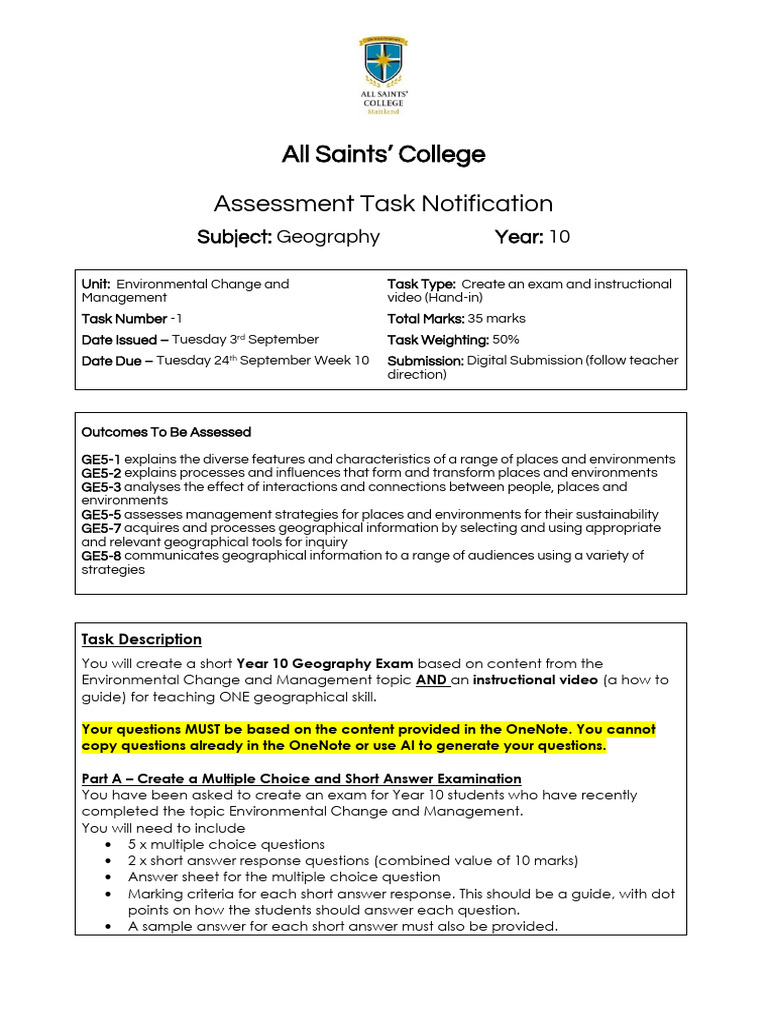 10GEO Assessment Notification Task 1 2024 | PDF