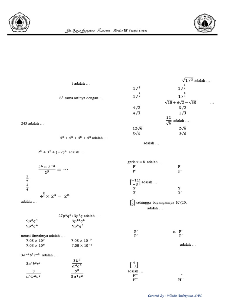 Soal Prediksi MTK Asts 1 Kelas Ix SMP N 1 Kersana TP 2024.2025.docx - 1 | PDF