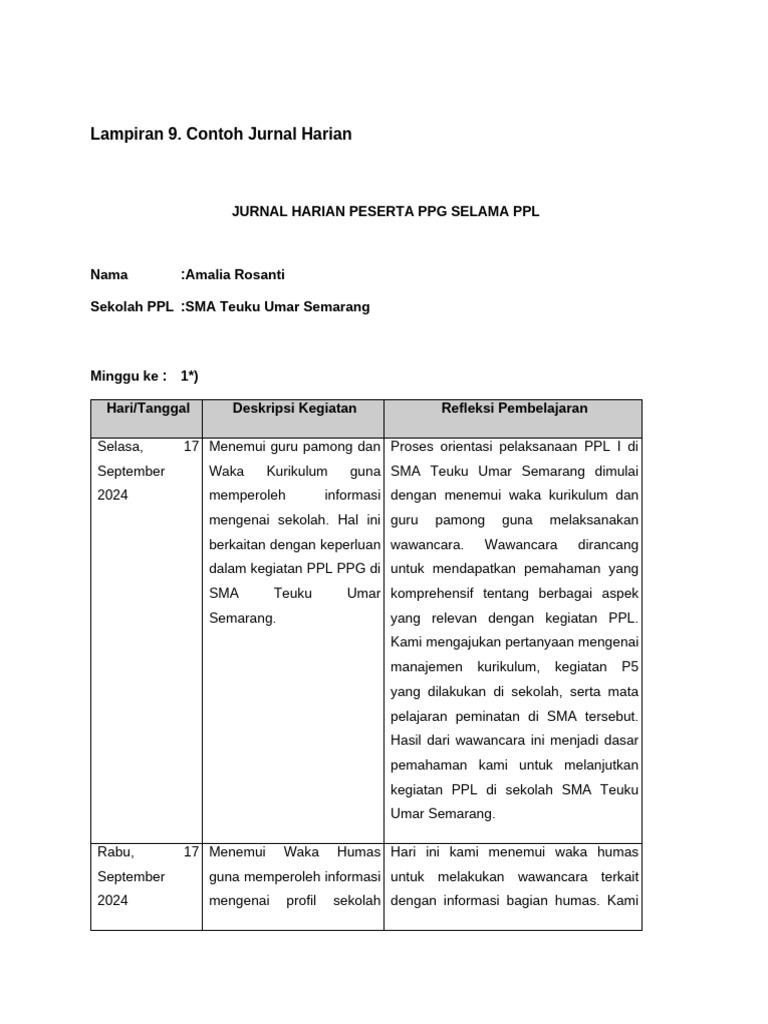 PPL - Lampiran 9. Contoh Jurnal Harian-Ok-1 | PDF