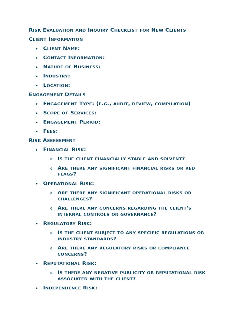 Risk Evaluation and Inquiry Checklist | PDF