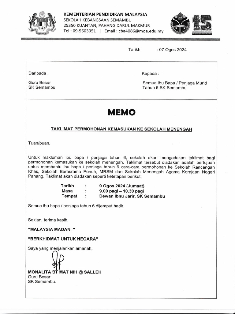 Memo Taklimat Kemasukakan Ke Sekolah Menengah | PDF