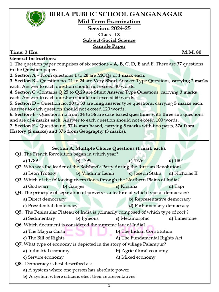 Grade 9 SST SAMPLE PAPER (2024-25) Q | PDF