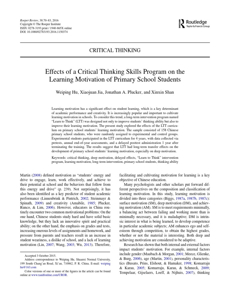 Critical Thinking Skills Prog For Learning Motivation of Pri SCH ...