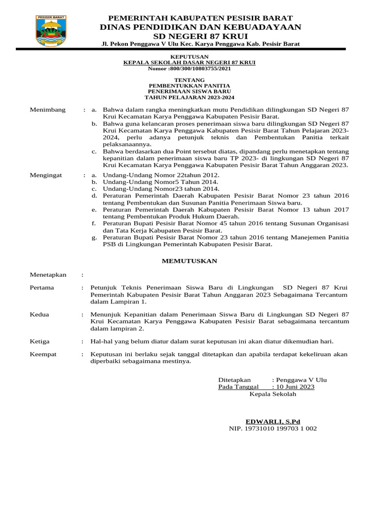 SK Panitia Pembentukan TKD-SDN 87 Krui | PDF
