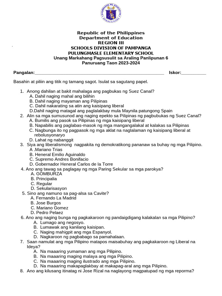 APan Periodic Test Grade 6 Q1 | PDF