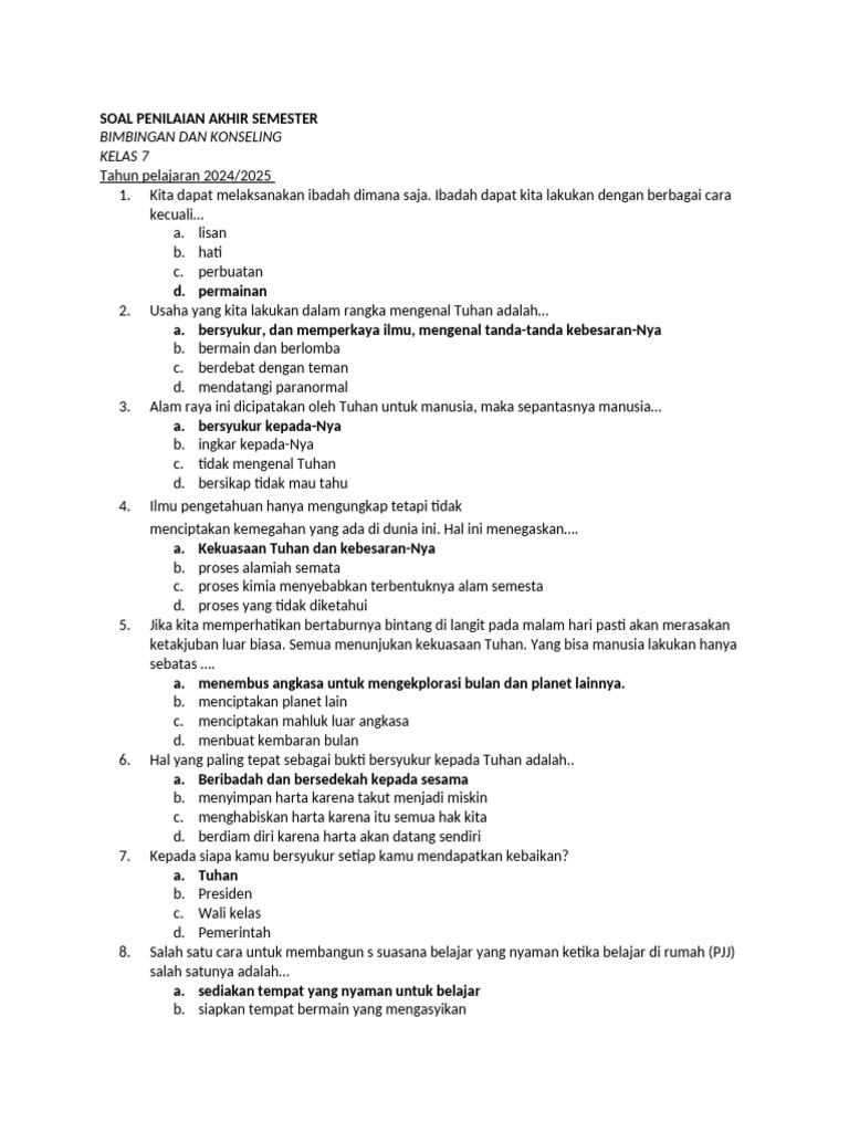 Soal Pas BK Kelas 7 20 21 | PDF