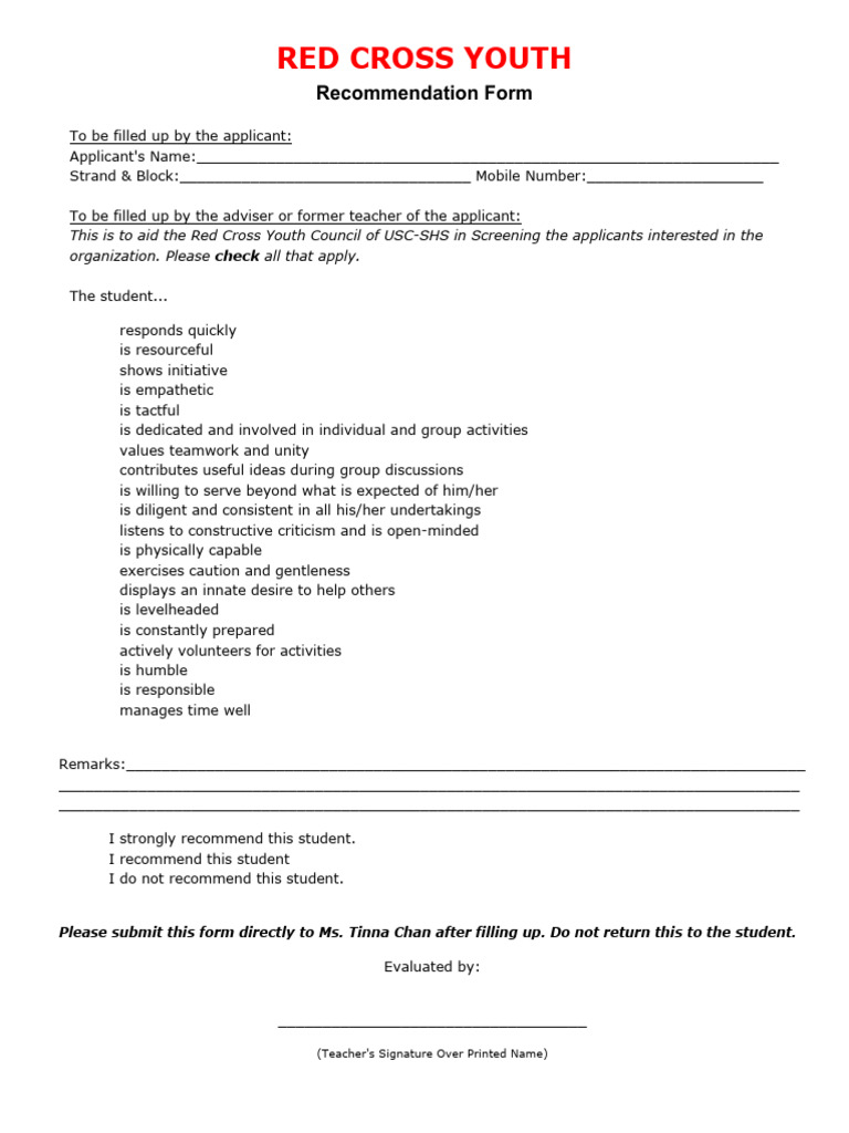 USC SHS RCY Recommendation Form | PDF
