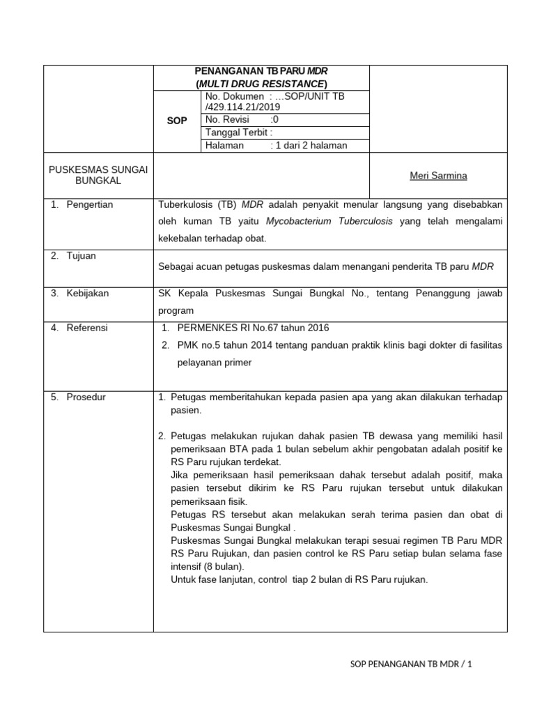 Sop MDR Penanganan TB MDR | PDF