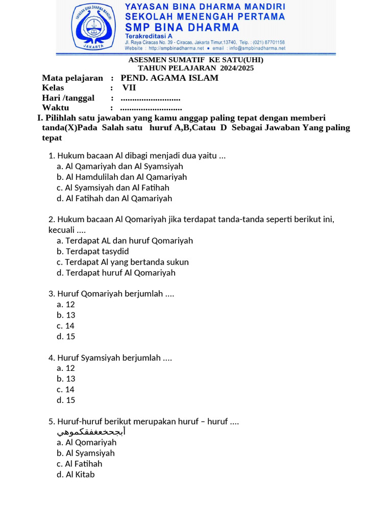 NEW 7 ASMEN IS - Soal PTS PAI K7 Ganjil - TH 2024 | PDF