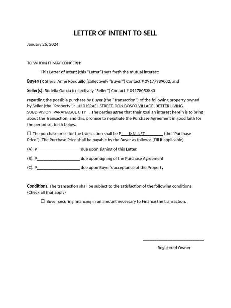 Letter of Intent To Sell | PDF