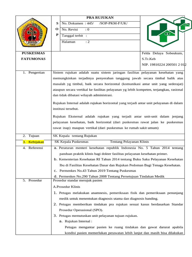 Sop Pra Rujukan | PDF