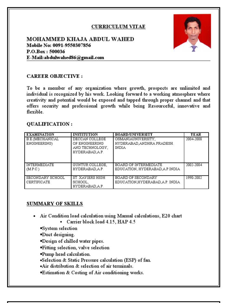 Mohammed Khaja Abdul Wahed: Curriculum Vitae | PDF | Lean Manufacturing ...