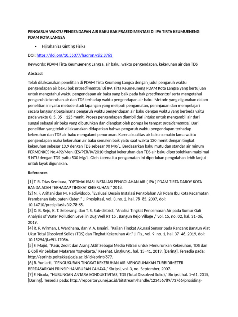Pengaruh Waktu Pengendapan Air Baku Bak Prasedimentasi | PDF