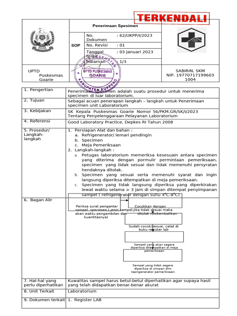 3.9.1.c.2 Sop Penerimaan Spesimen | PDF