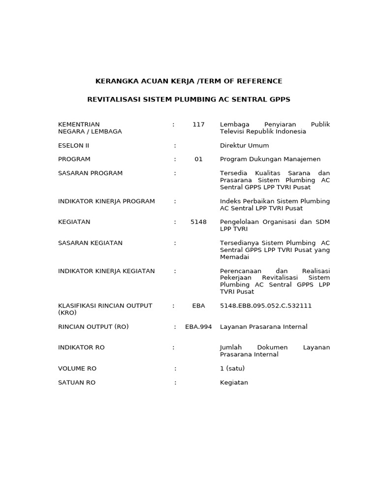 Kerangka Acuan Kerja /term of Reference Revitalisasi Sistem Plumbing Ac Sentral Gpps | PDF