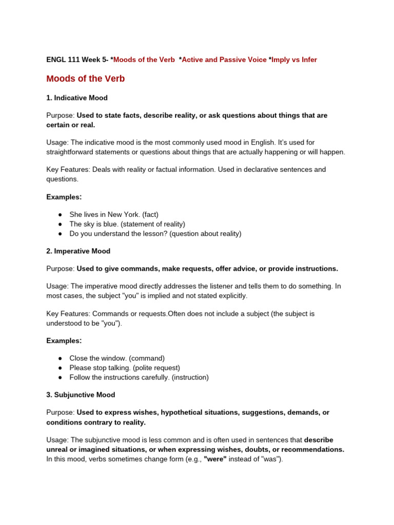 ENGL Notes - Moods of The Verb - Active and Passive Voice - Imply Vs ...