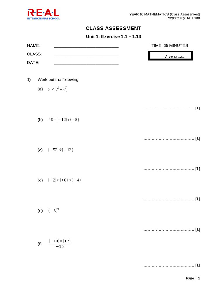 Class Assessment Year 10 Unit 1 (Exercise 1.1-1.19) | PDF