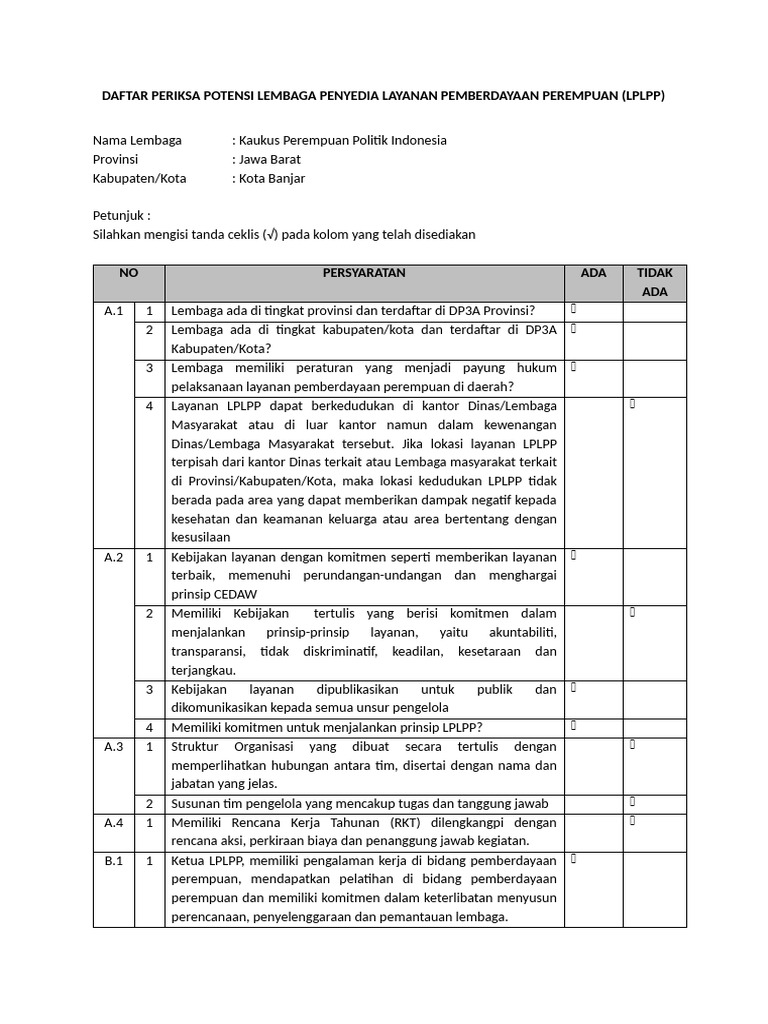 Daftar Periksa Potensi Standardisasi LPLPP 2024 | PDF