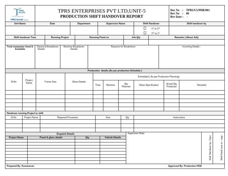Shift Handover Form Production | PDF