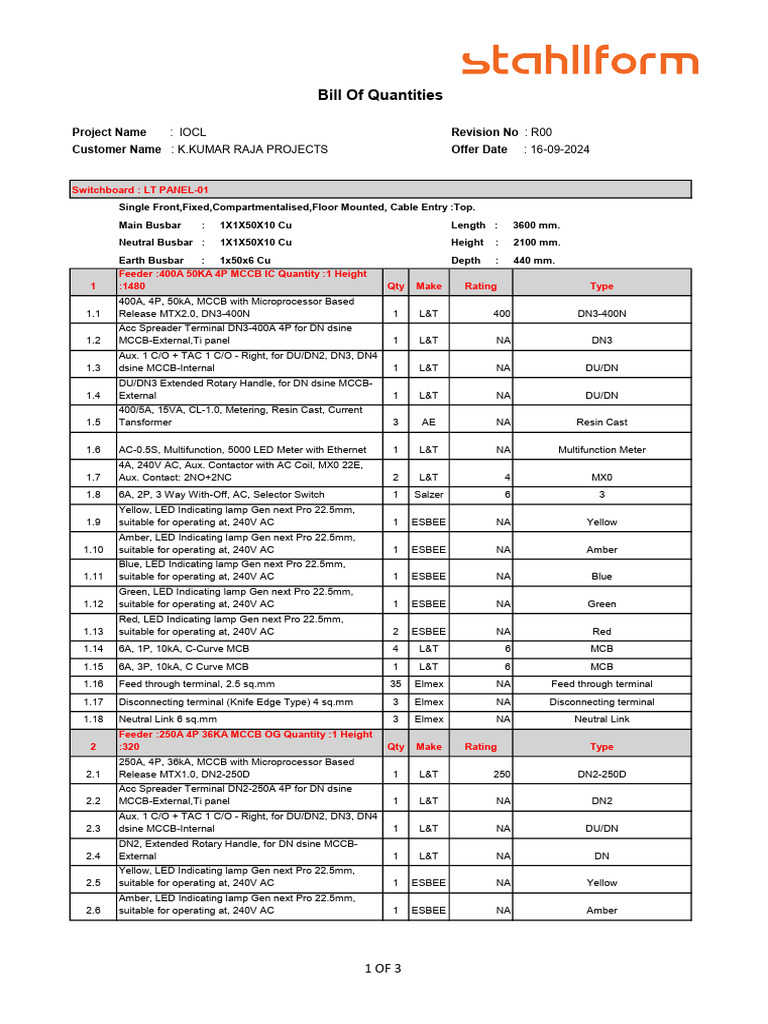 636 IOCL TTA LT PaneL BOM R00 16.09.2024. | PDF