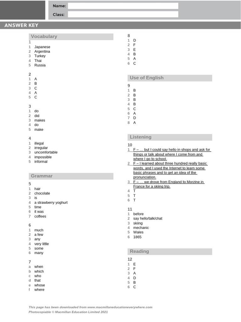 B1 U3 Test Standard Answer Key | PDF