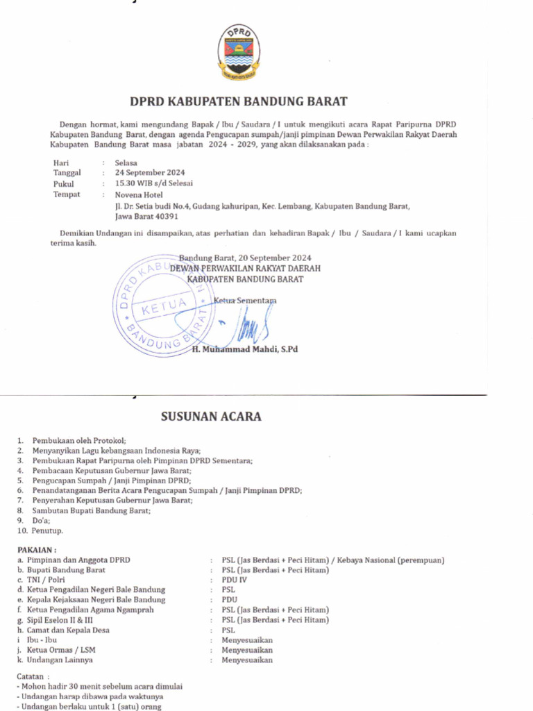 Undangan Rapat Paripurna DPRD | PDF