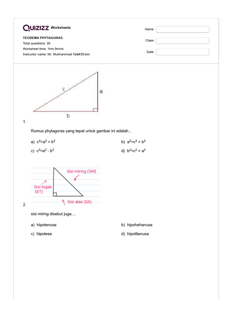 TEOREMA PHYTAGORAS - Quizizz | PDF