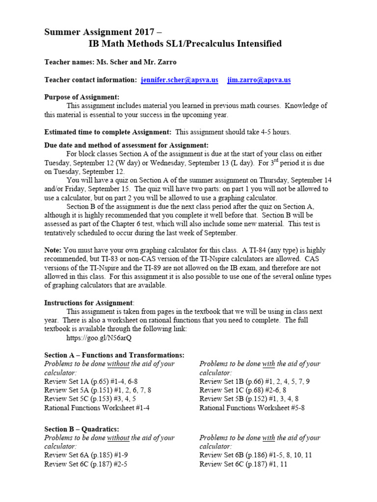 IB Math SL Summer Assignment Full | PDF | Function (Mathematics ...