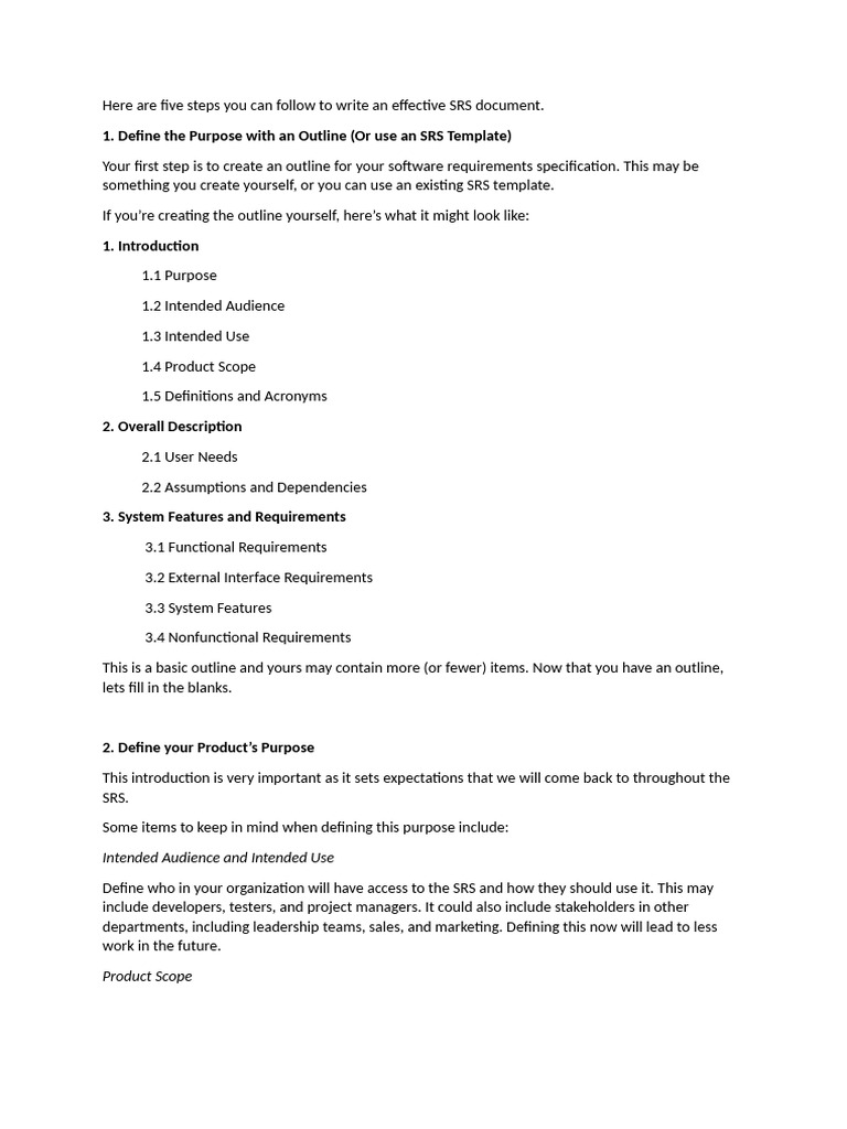 Define The Purpose With An Outline (Or Use An SRS Template) | PDF