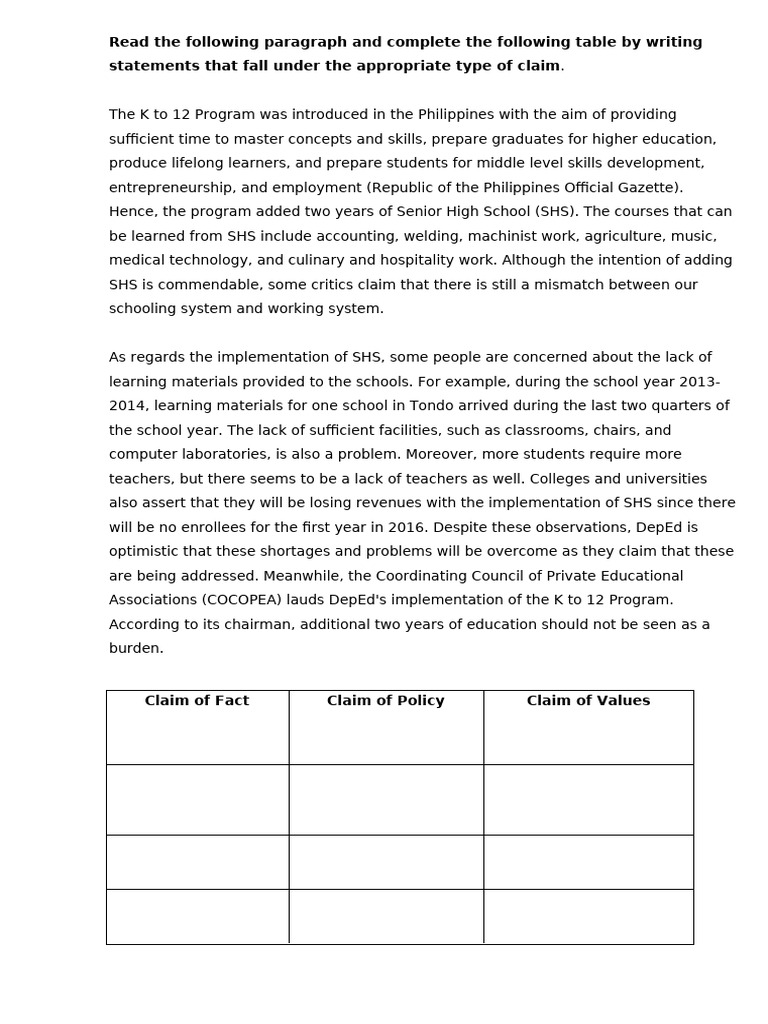Read The Following Paragraph and Complete The Following Table by ...