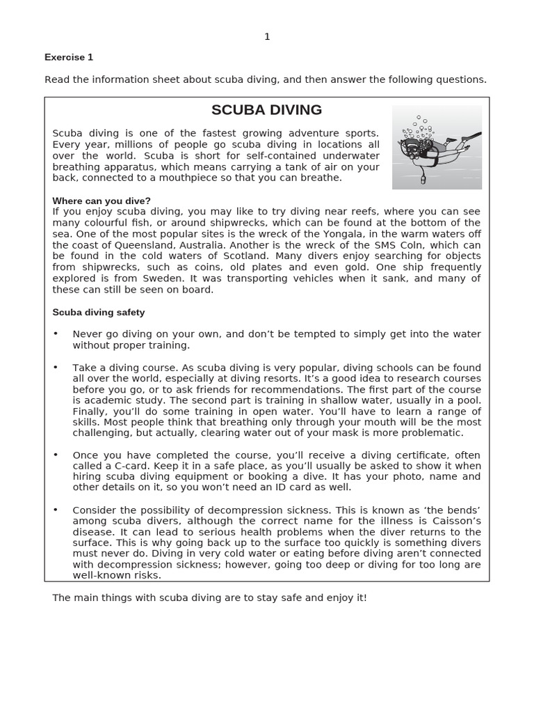 Scuba Diving Reading IGCSE | PDF