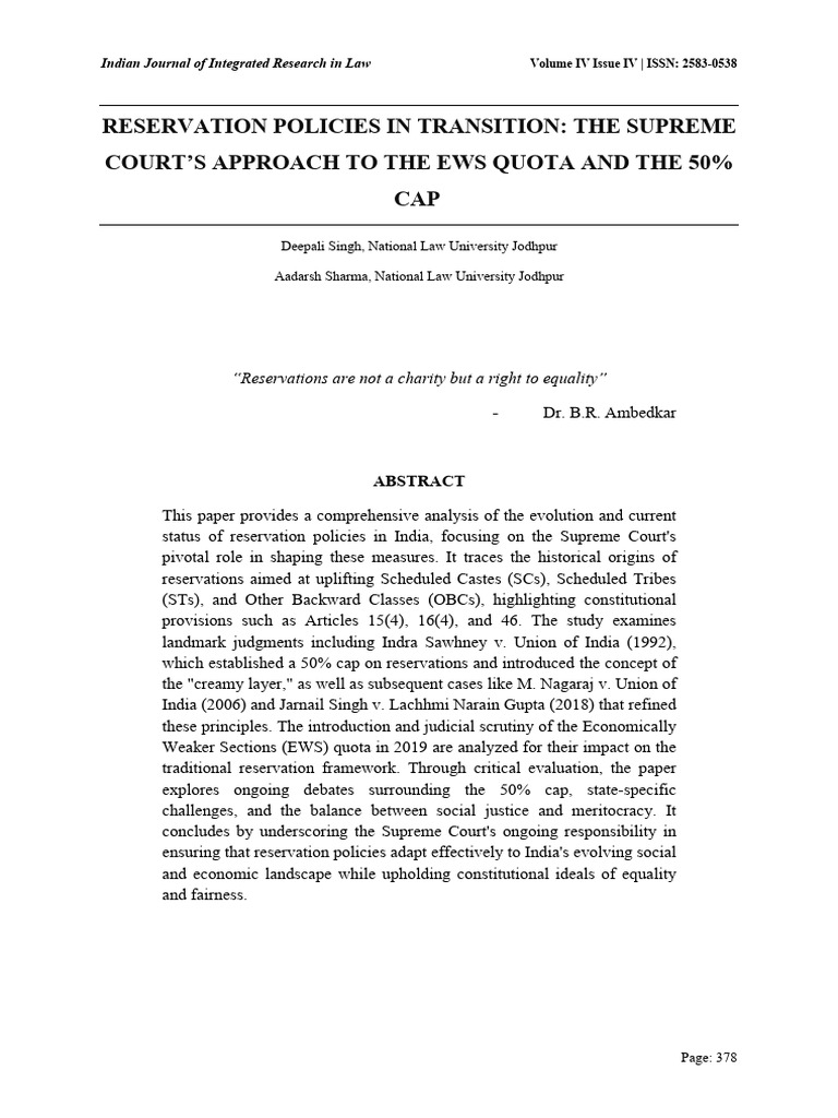 Reservation Policies in Transition The Supreme Courts Approach To The ...