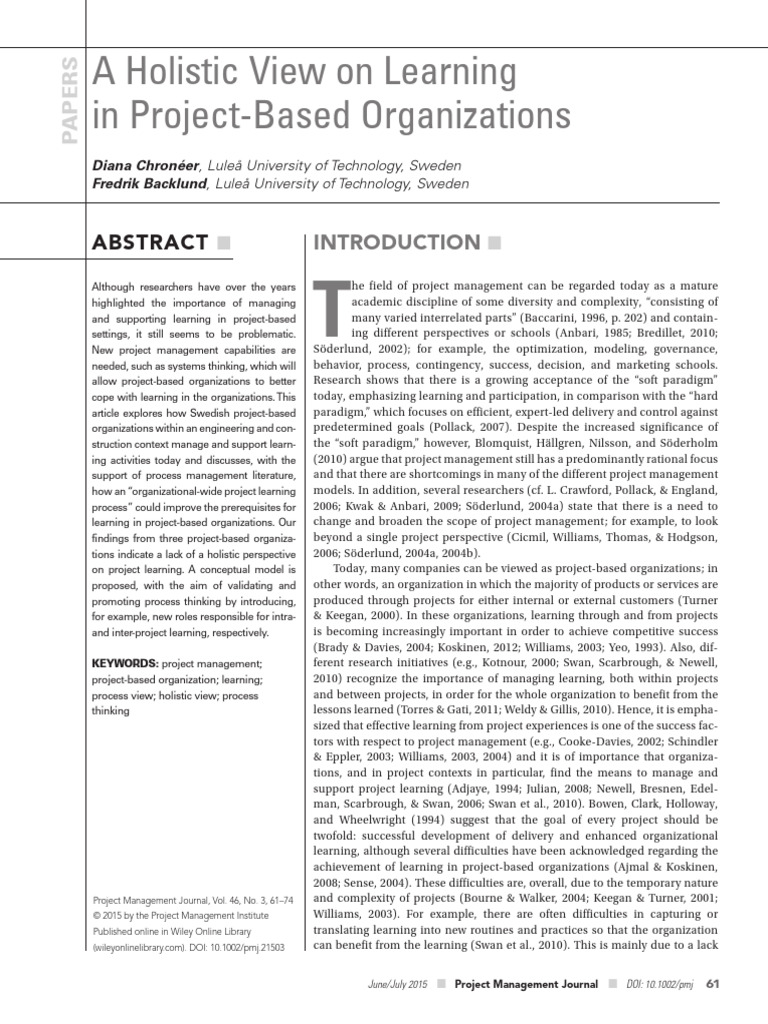 A Holistic View On Learning in Project-Based Organizations | PDF