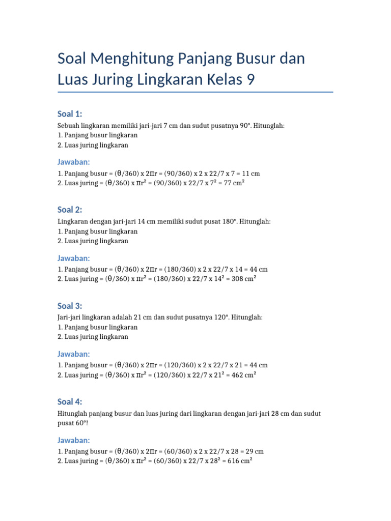 Soal_Menghitung_Panjang_Busur_dan_Luas_Juring_Lingkaran_Kelas_9 | PDF
