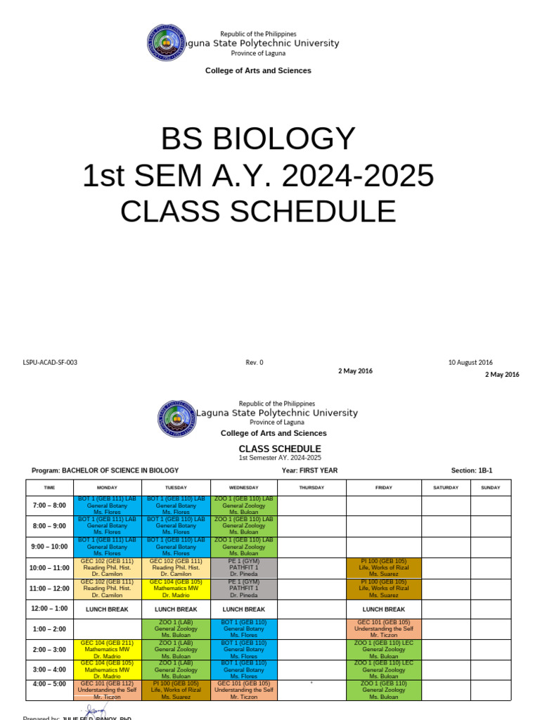 BS BIOLOGY CLASS SCHEDULE - 1st SEM 24 25 - Final | PDF | Academic Term