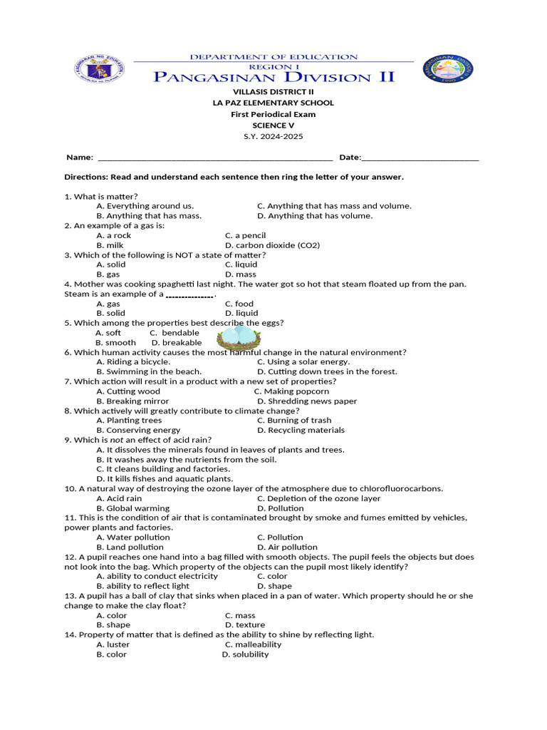 Science 5 First Periodical Exam With Tos | PDF