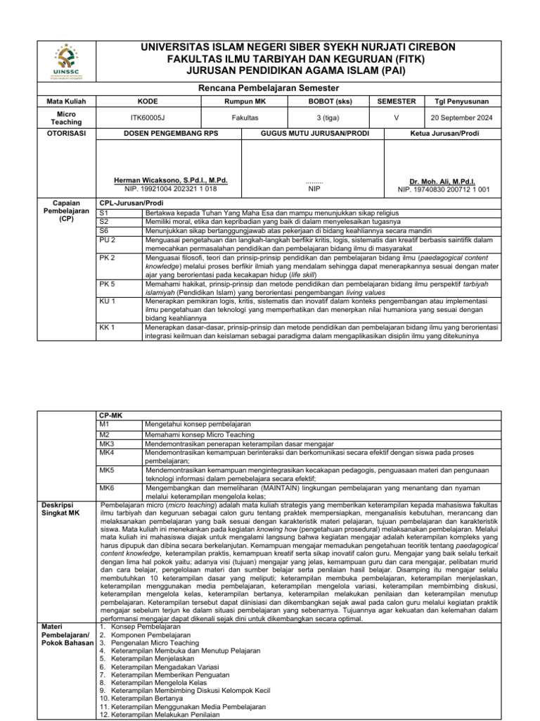 RPS Micro Teaching Jurusan PAI - Herman | PDF | Education Theory | Learning