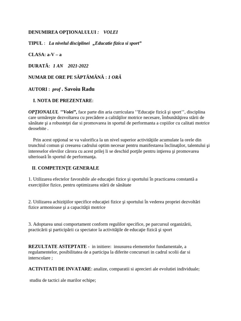 Propunere Optional Volei 20212022 | PDF