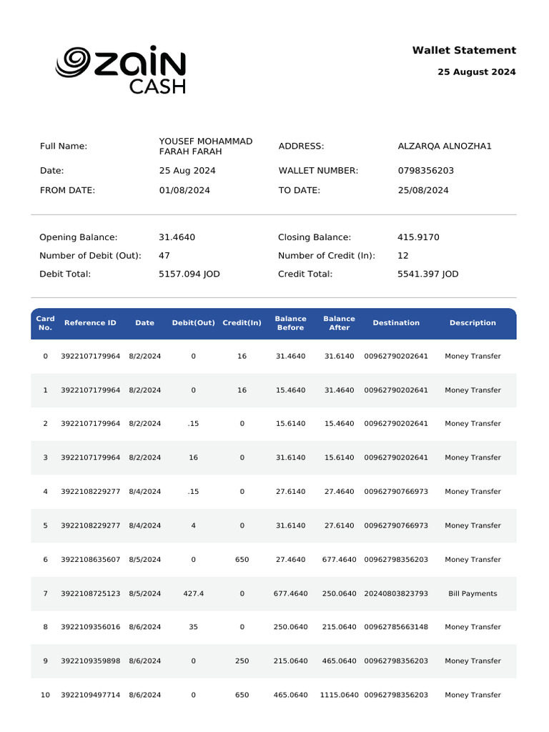Wallet Statement: 25 August 2024 | PDF